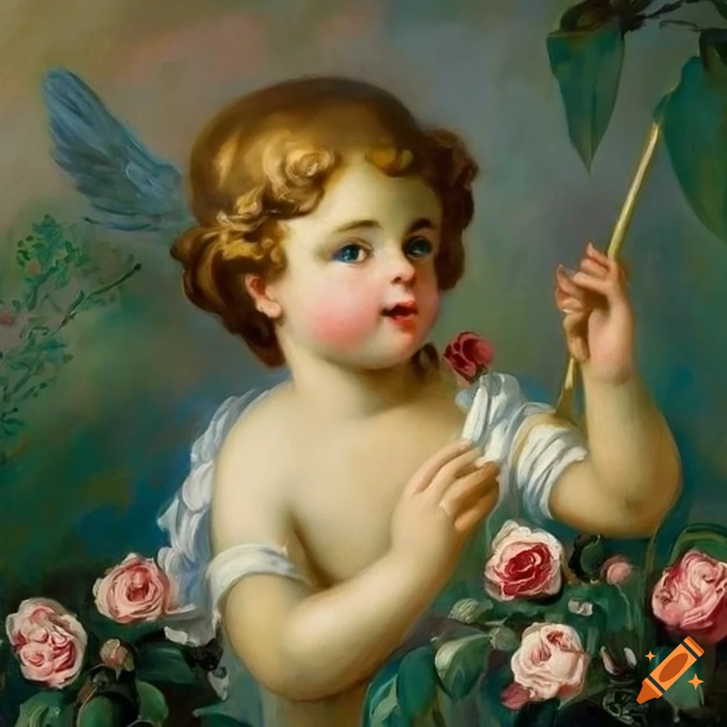 A cherub with wings, peaceful expression, surrounded by roses,Monet on ...