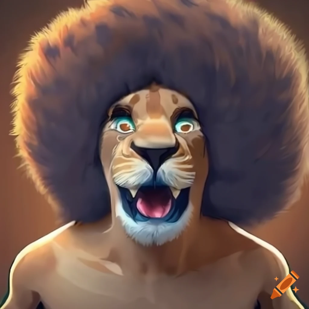Man transforming into an anthro lion furry with a large afro