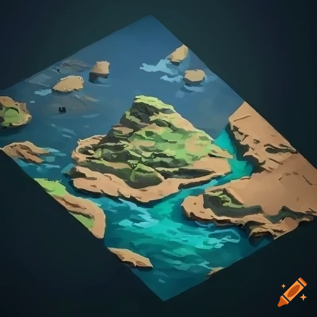 Isometric sandstone world map down birdseye view a masterful oil ...