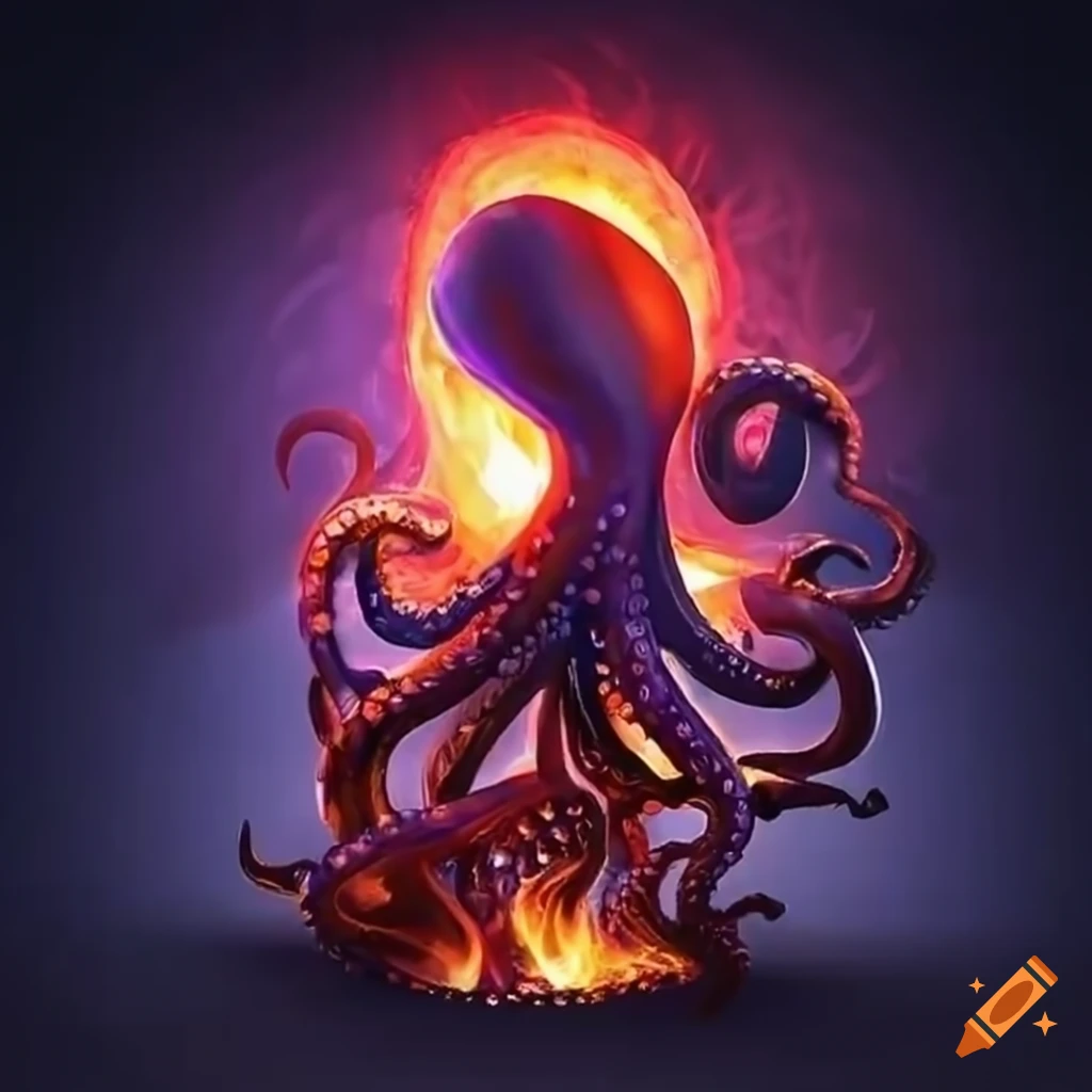 Octopus blacksmith creating a magical weapon surrounded by flames