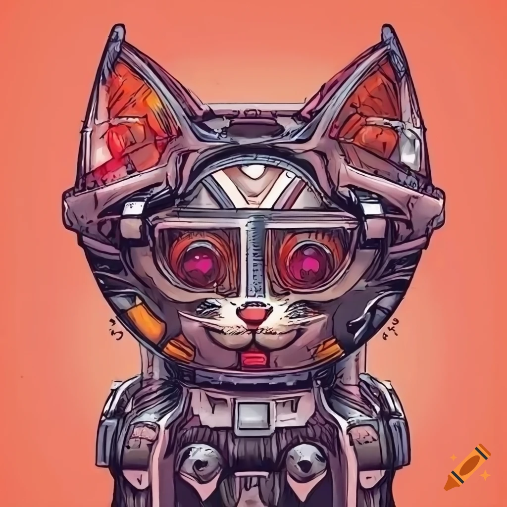 Cyberpunk, comic style mechanical kitten