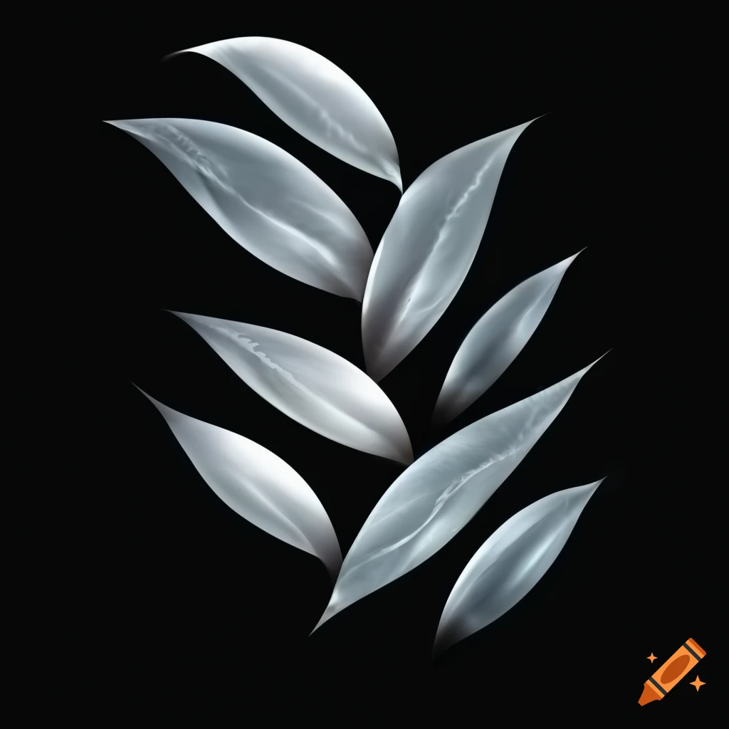 An abstract design of interlocking leaves in bright silver tones on a ...