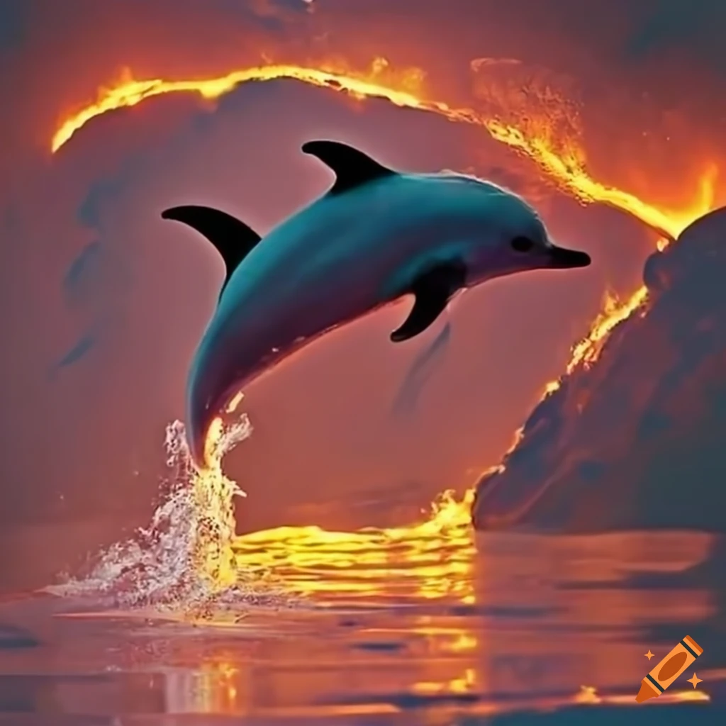 A four armed dolphin surfing in a tidal wave made of lava