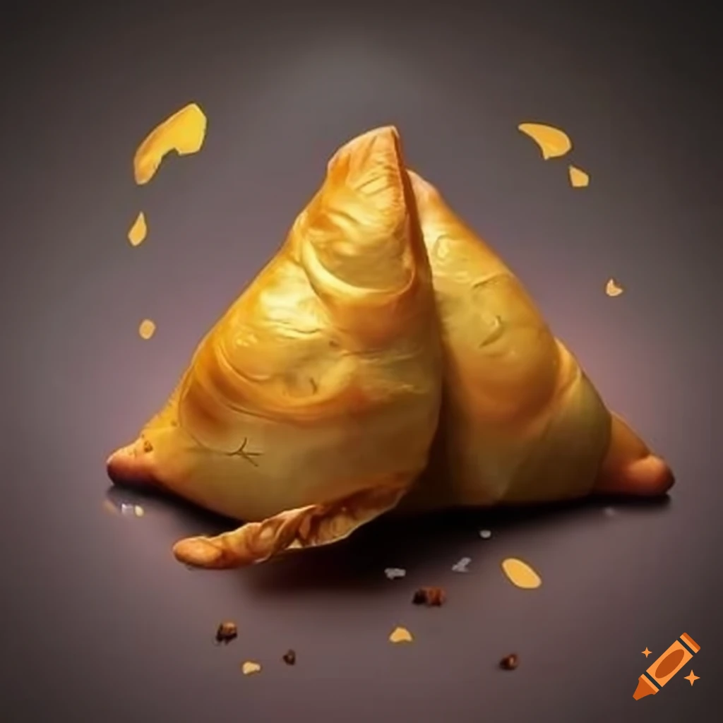 A person showcasing golden samosas with an artistic flair on Craiyon