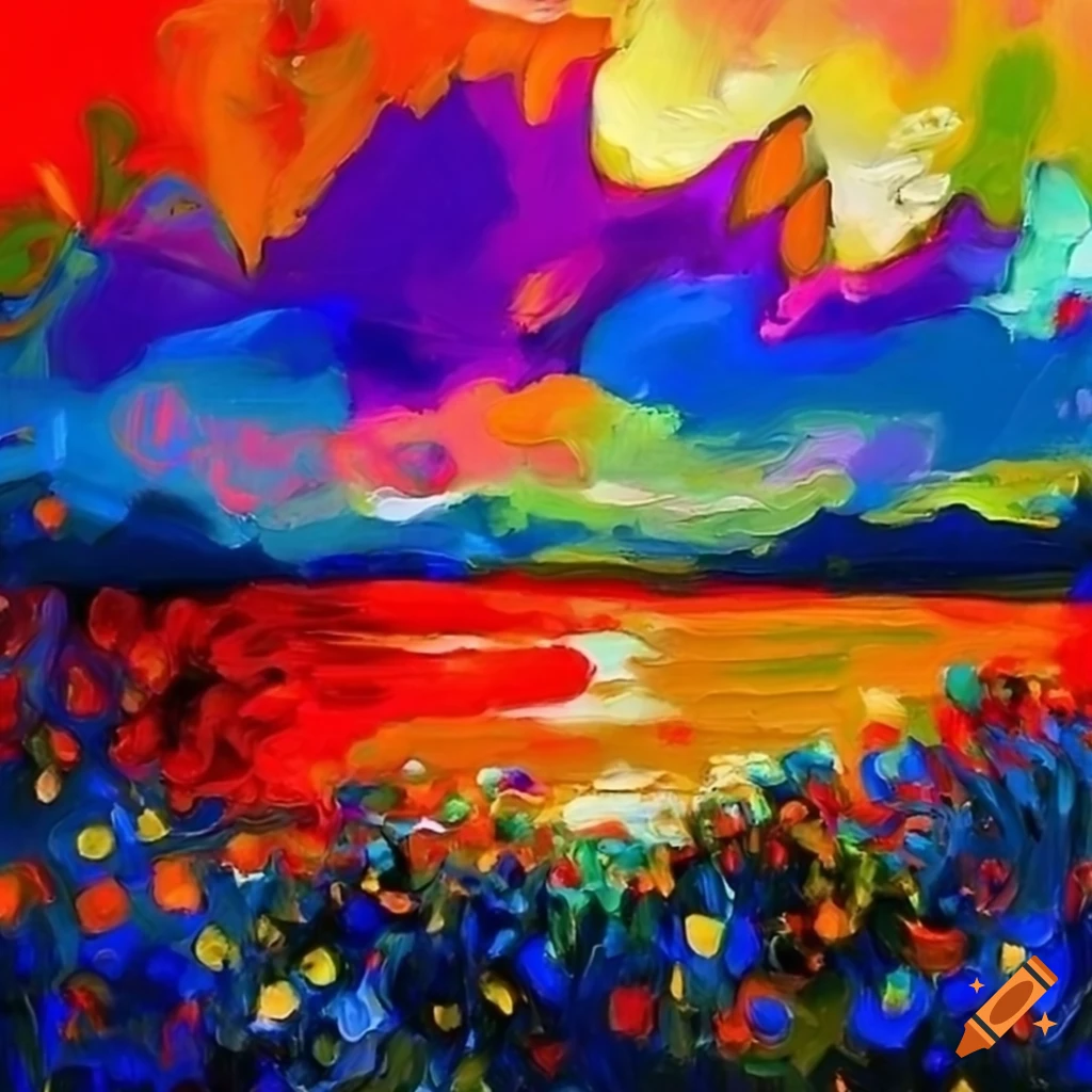 Abstract landscape inspired by kandinsky, with colorful flowers and sunset