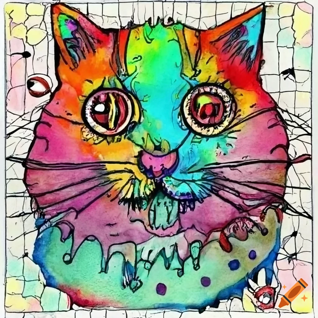 Psycho kitten cartoon, psychedelic watercolor