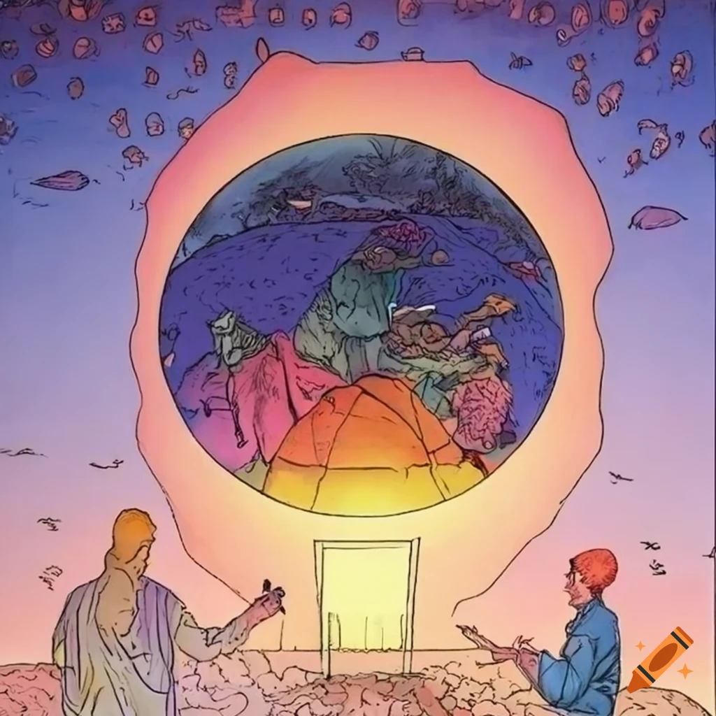 Mœbius, jean giraud style, huge crystal sphere floating in theatre