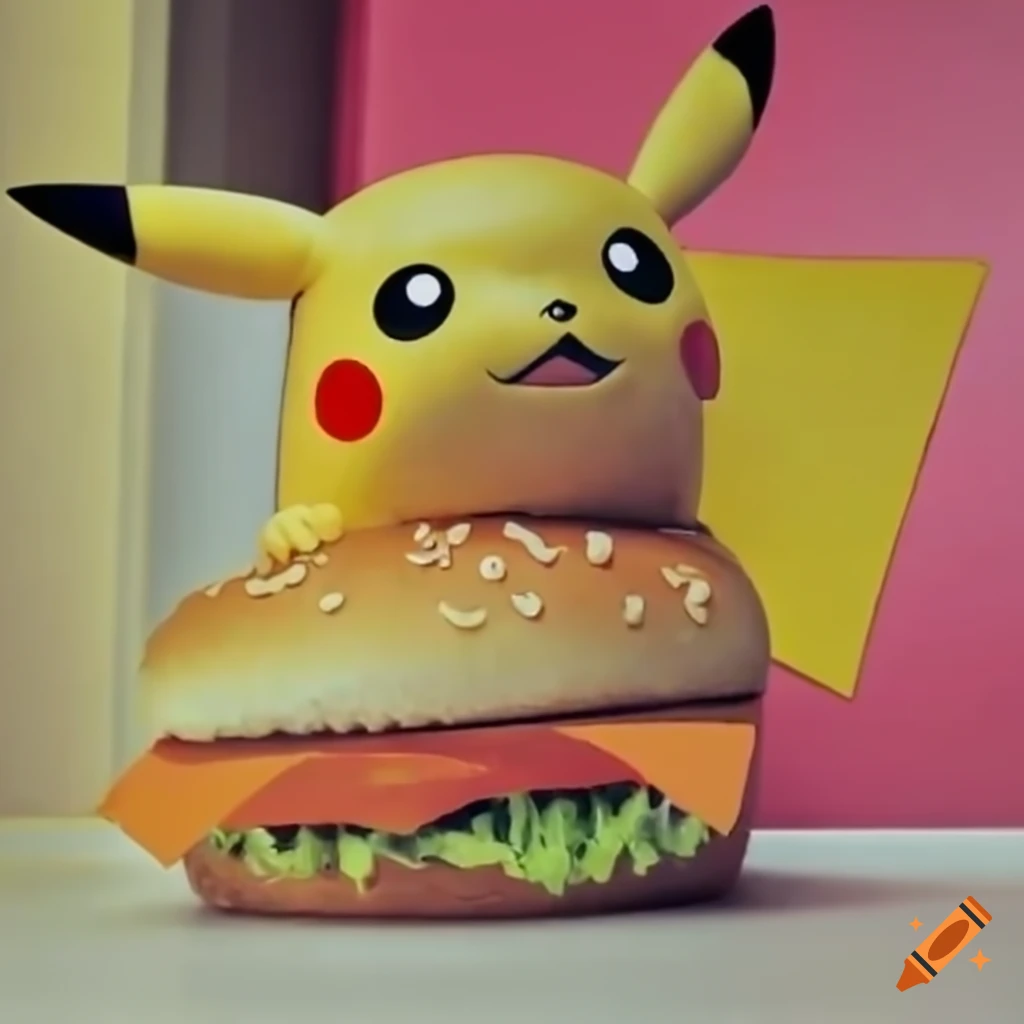 Pikachu eating a mcdonalds big mac on Craiyon