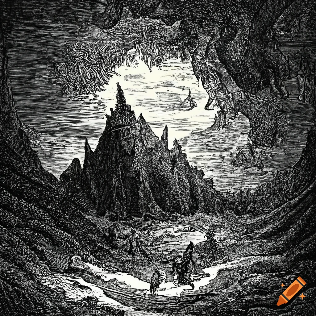 A fantasy map, detailed illustration in the style of Gustave Doré ...