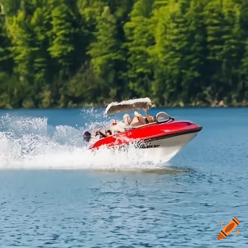 Speed boat running through water pulling kids in the air behind it with ...