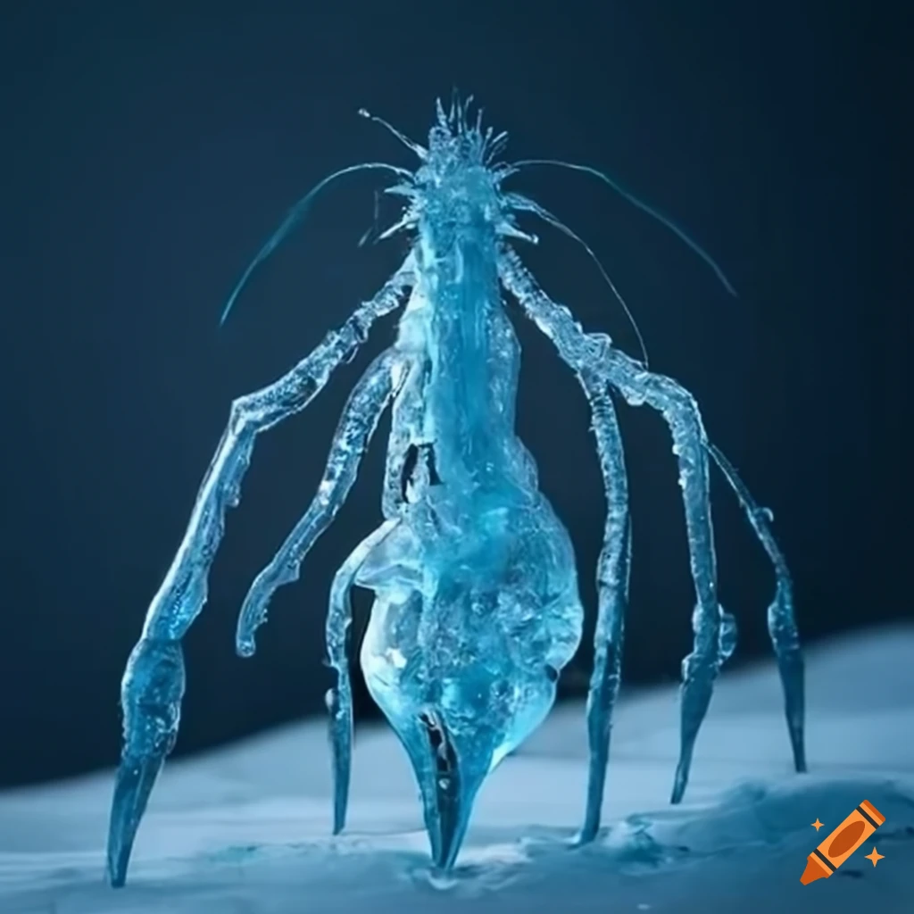 A thin, lean ice insect monster made of thin transparent icicles