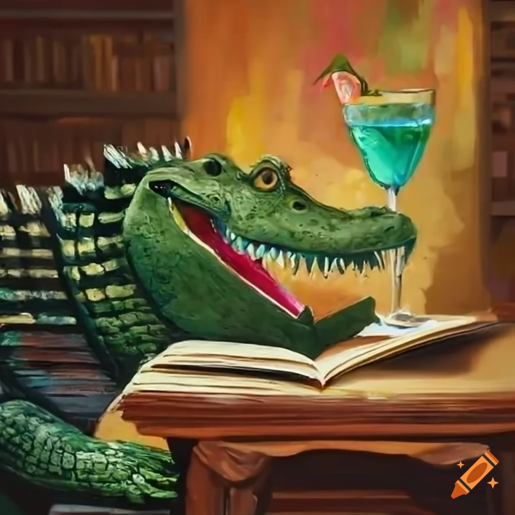Crocodile with cocktail sitting in an armchair in a library reading a ...