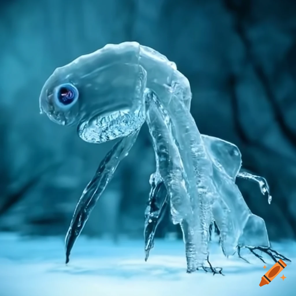 A thin, lean ice insect monster made of thin transparent icicles