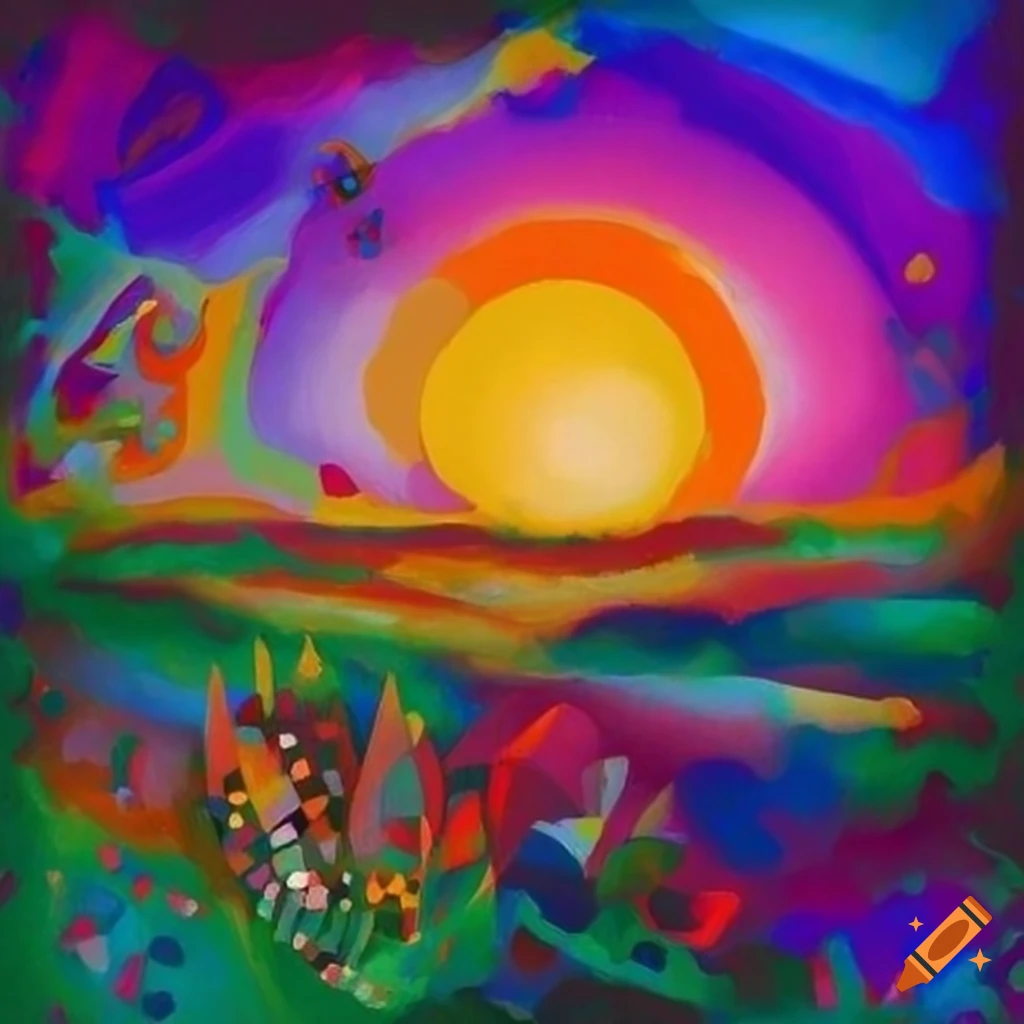 Abstract landscape inspired by kandinsky, with colorful flowers and sunset