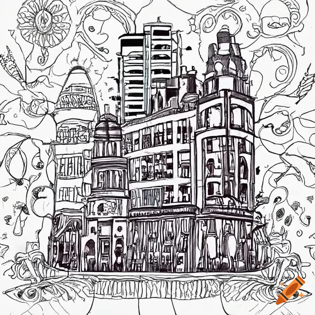 Coloring book page of a whimsical city with intricate illustrations