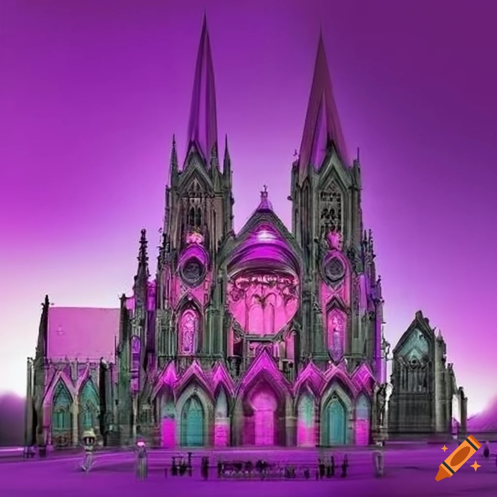 Pink and violet gothic cathedral starship
