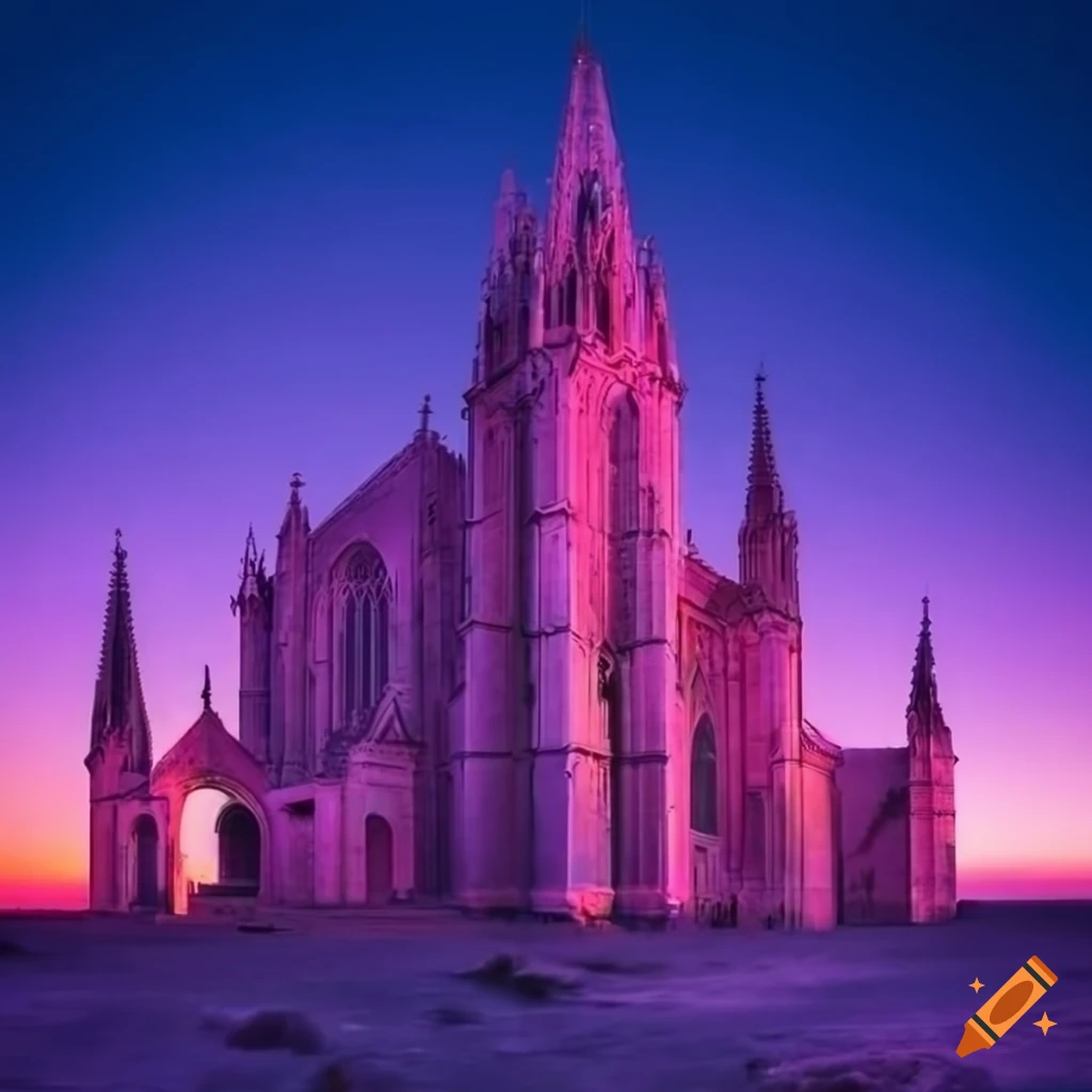 Pink and violet gothic cathedral on the sea coast