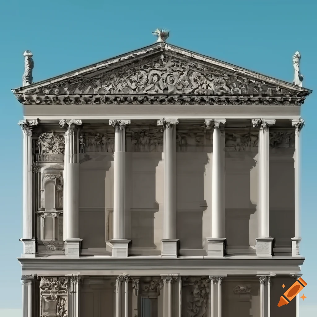 Facade of roman portico made of stainless steel, clear sky, high ...