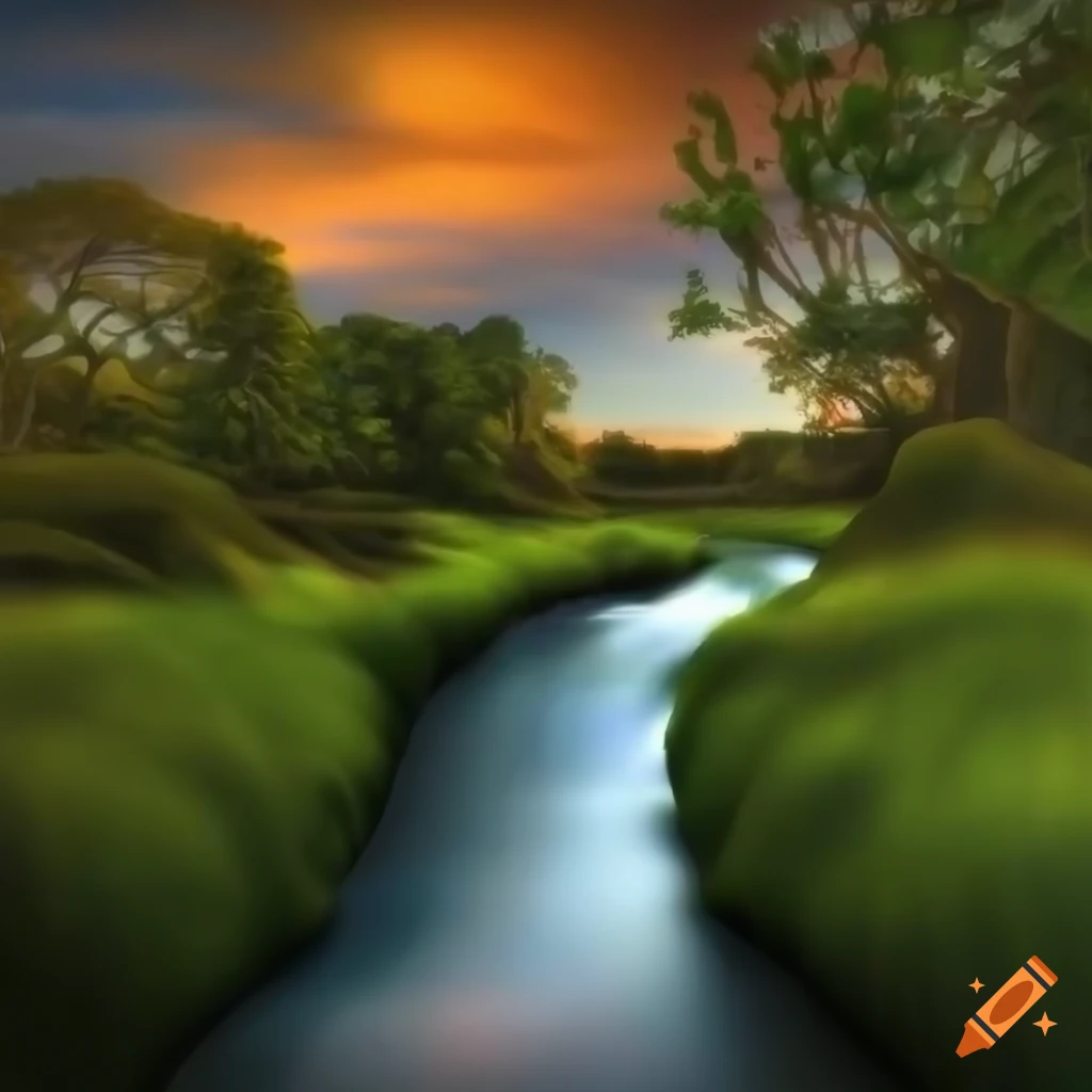 In a moderate cloudy evening a streamlet lays ahead of the beaver cave ...