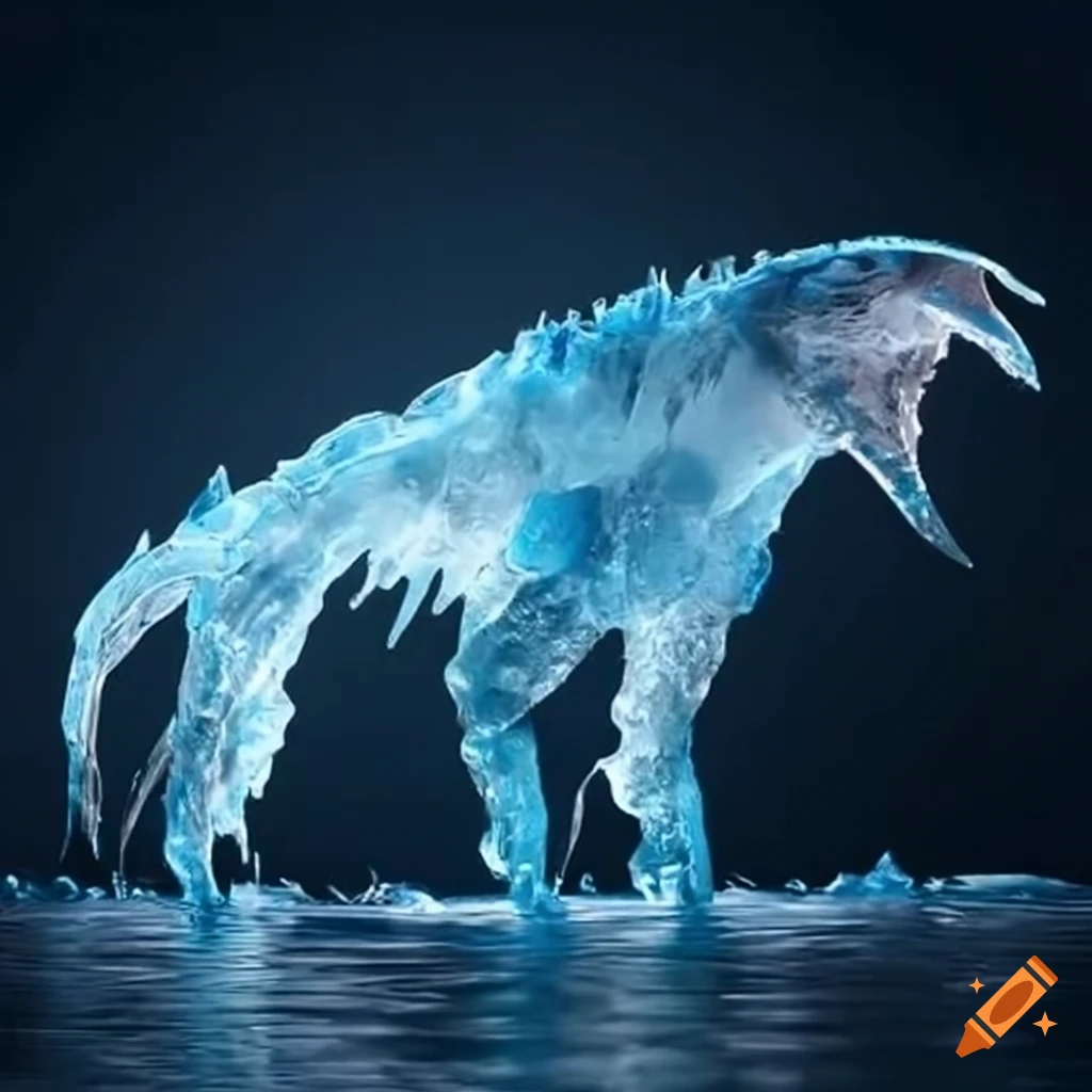 A thin, lean four legged ice beast made of thin transparent icicles on ...