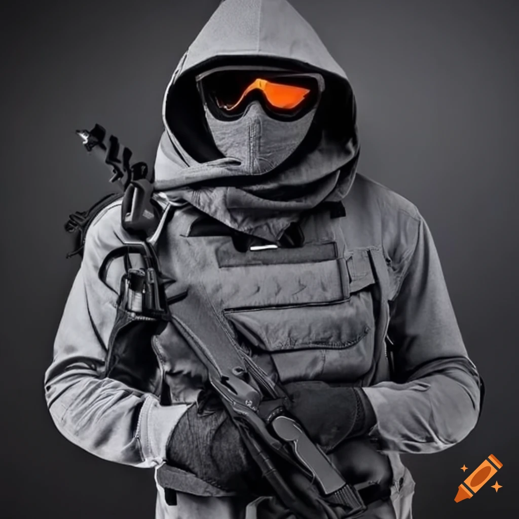 Male, dark grey jacket, dark grey hood, dark grey hat, black mask ...