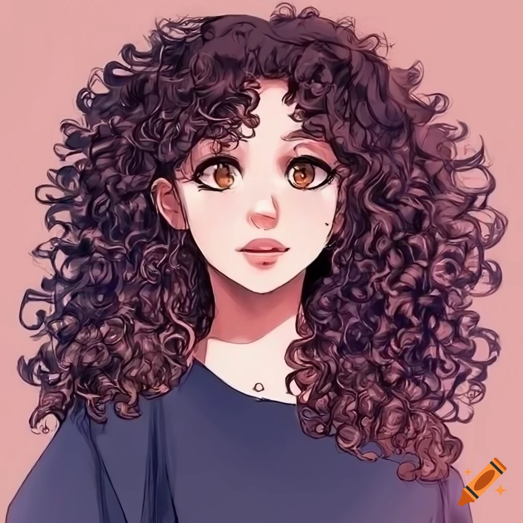 Draw Girl In 90 Anime Style Whit Black Curly Hair And Brown Eyes On