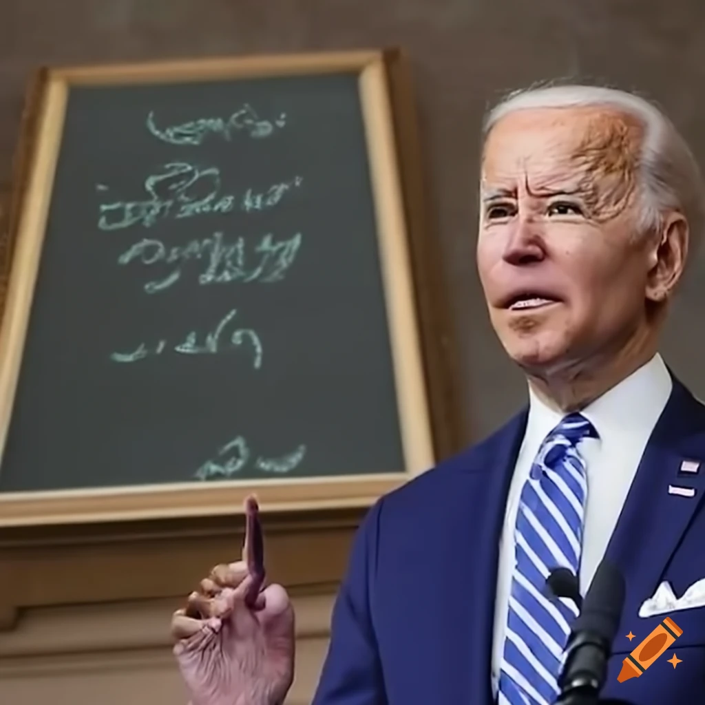 Joe biden as a teacher draws math on a chalk board