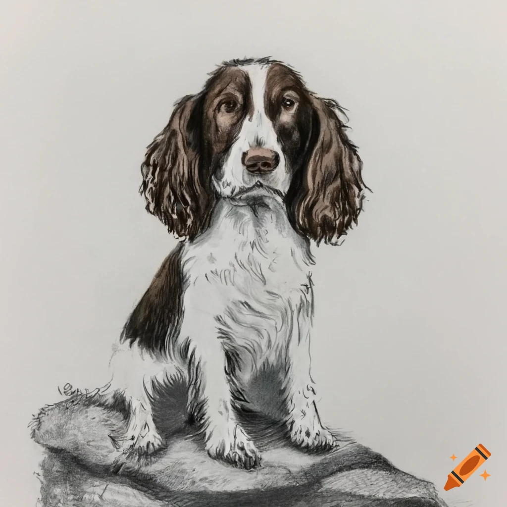 A pencil drawing of a little springer spaniel sitting on a rock looking ...