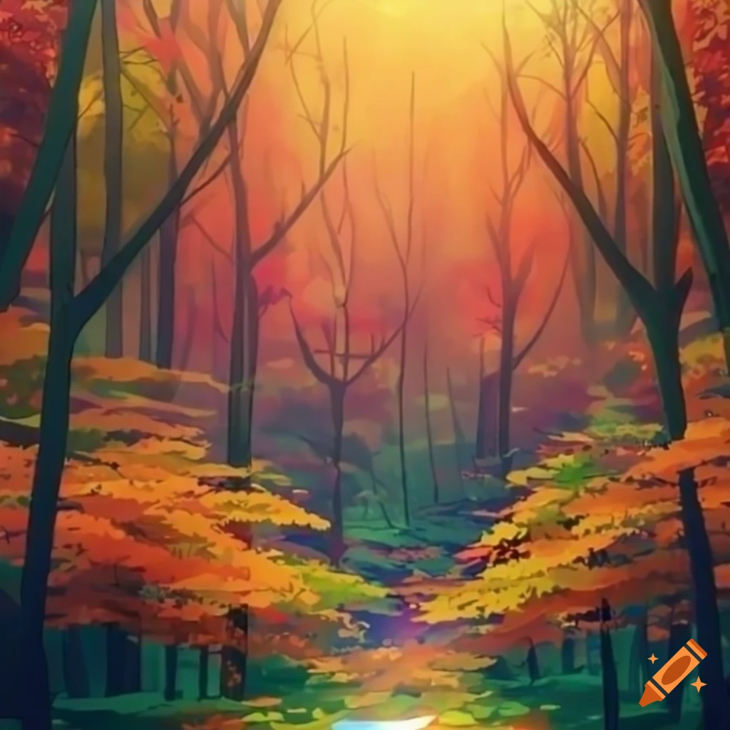 A beautiful forest in fall, anime, peaceful, aerial view on Craiyon
