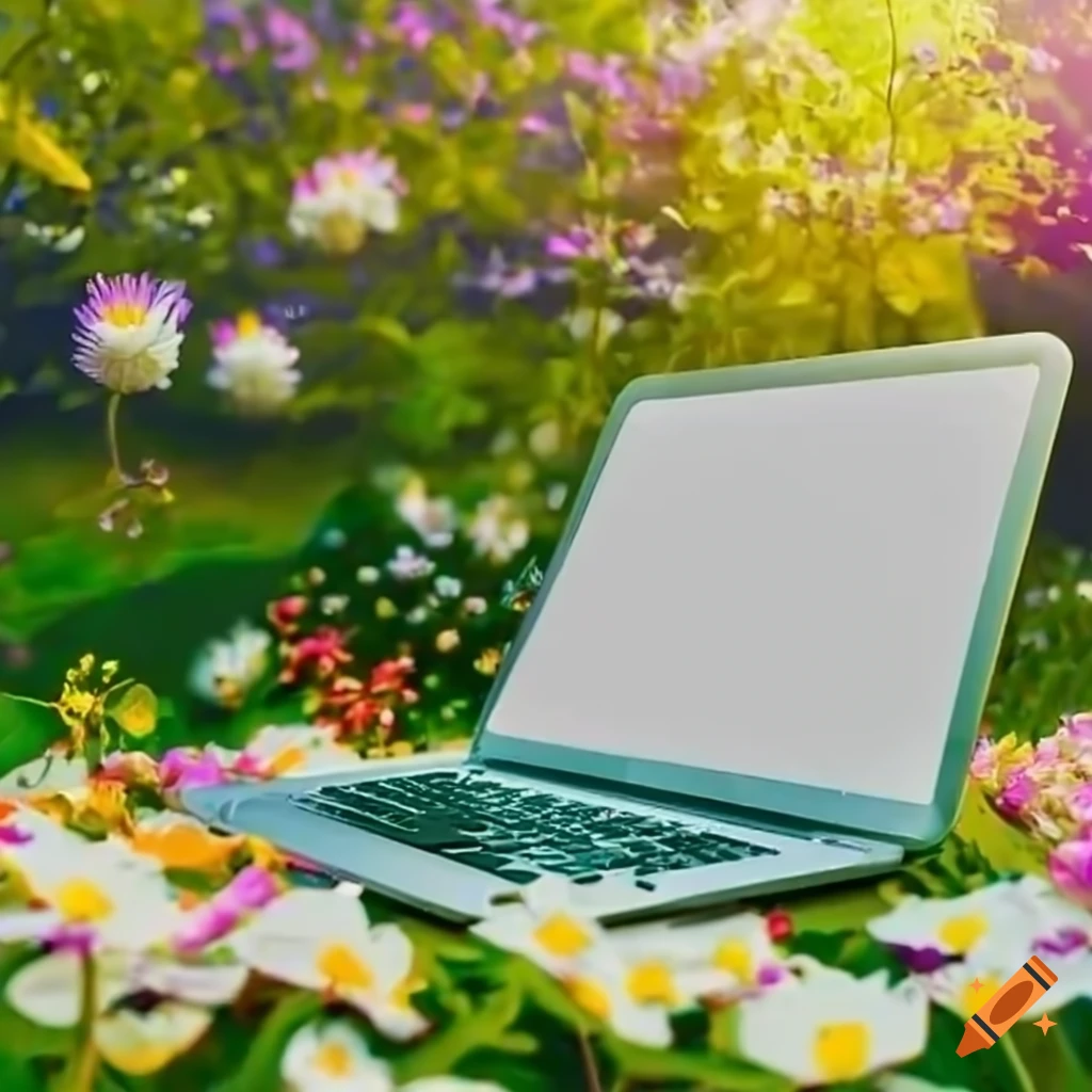 A laptop surrounded by blooming flowers in a spring garden