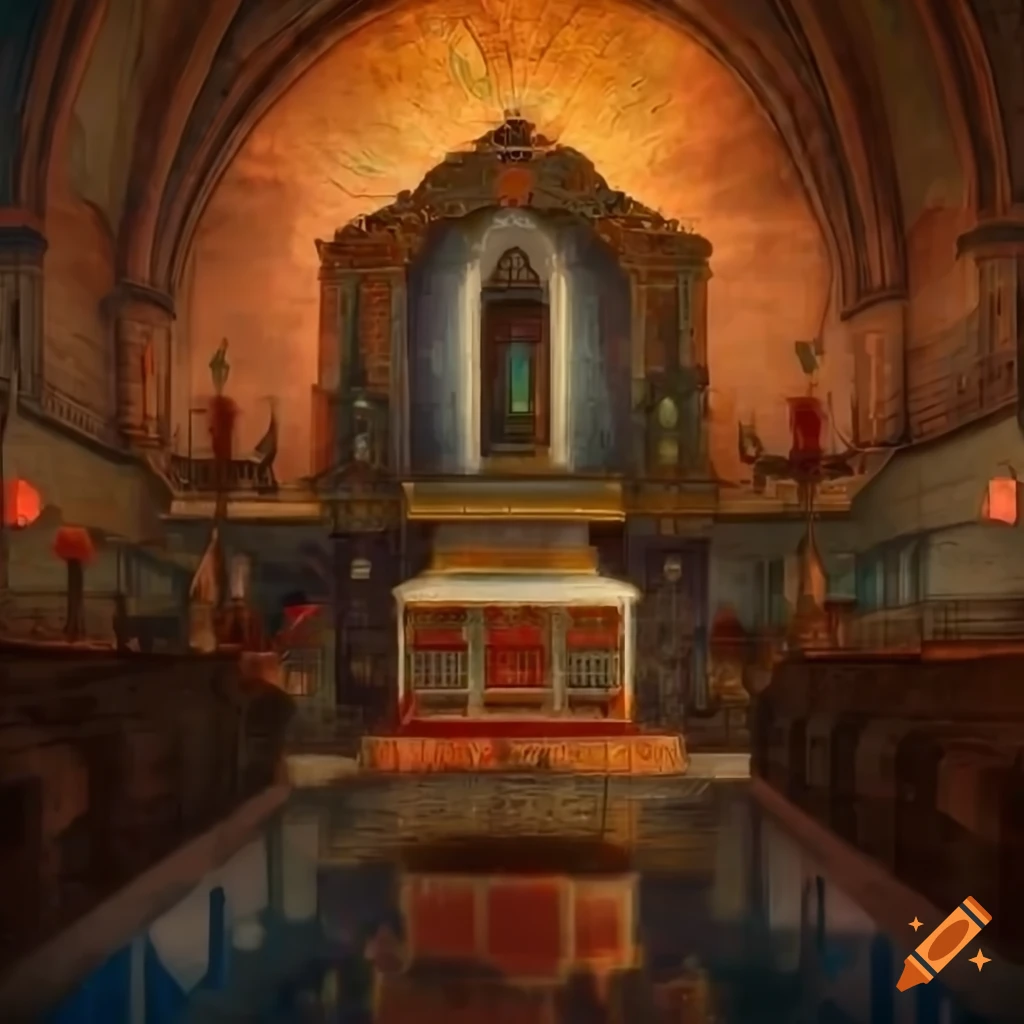 Bold graphic of futuristic sci fi Catholic altar shrine, with Chinese ...