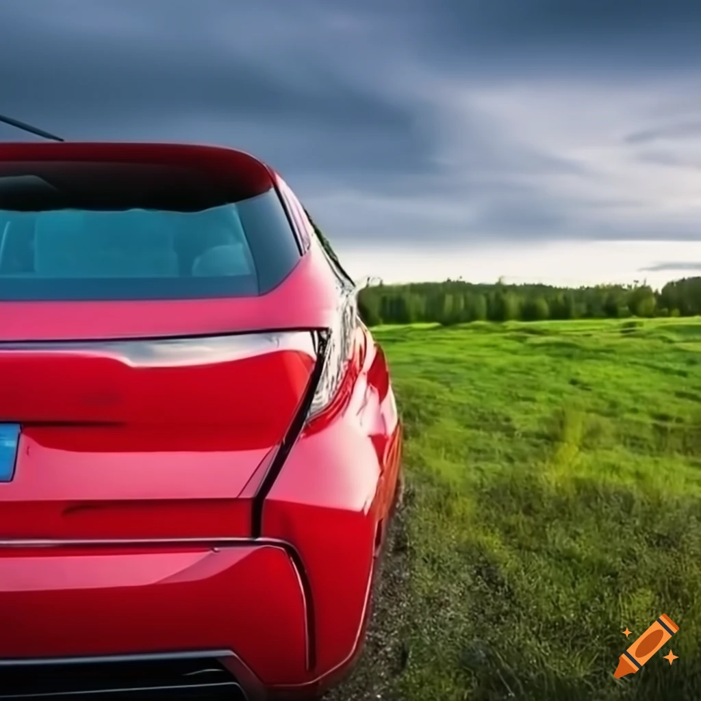 Modern red car from behind, only partially seen, in a grassy landscape ...