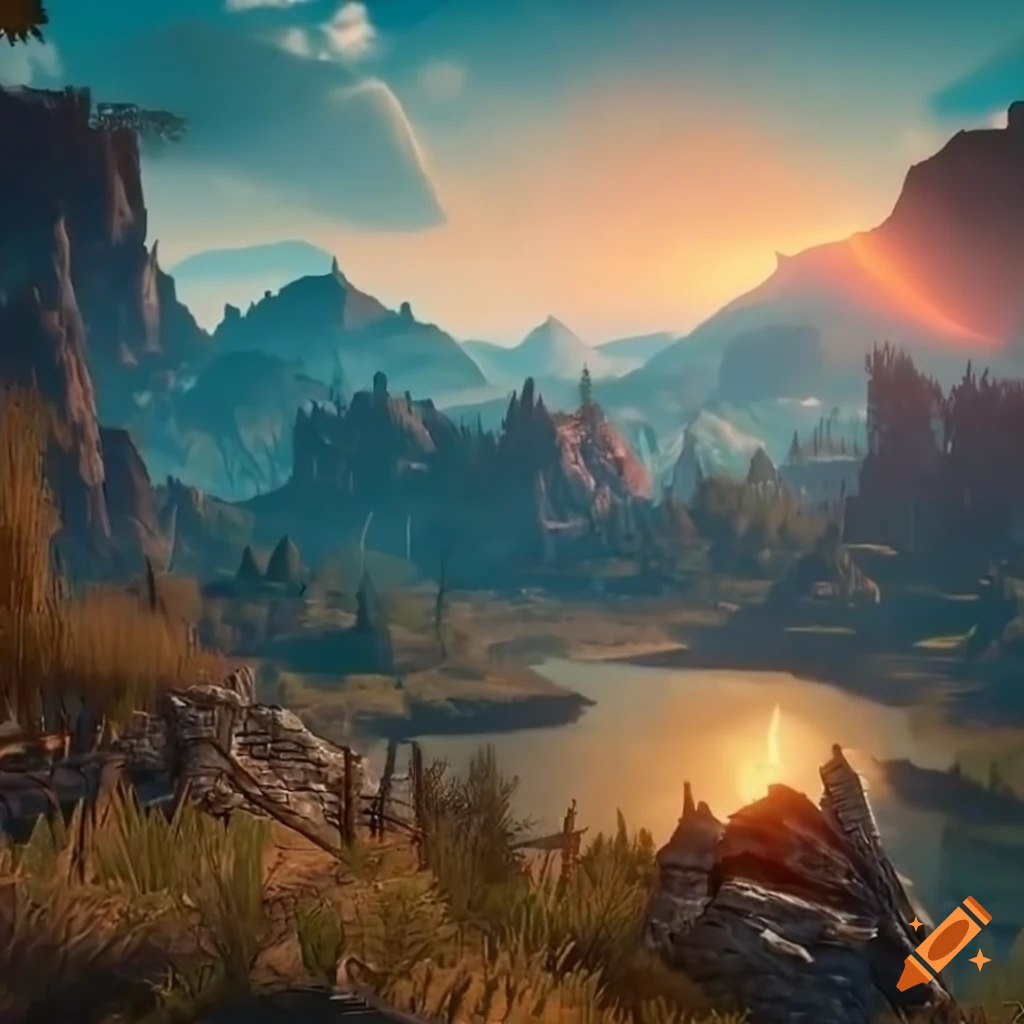 The witcher 3 landscape andscape at sunfall