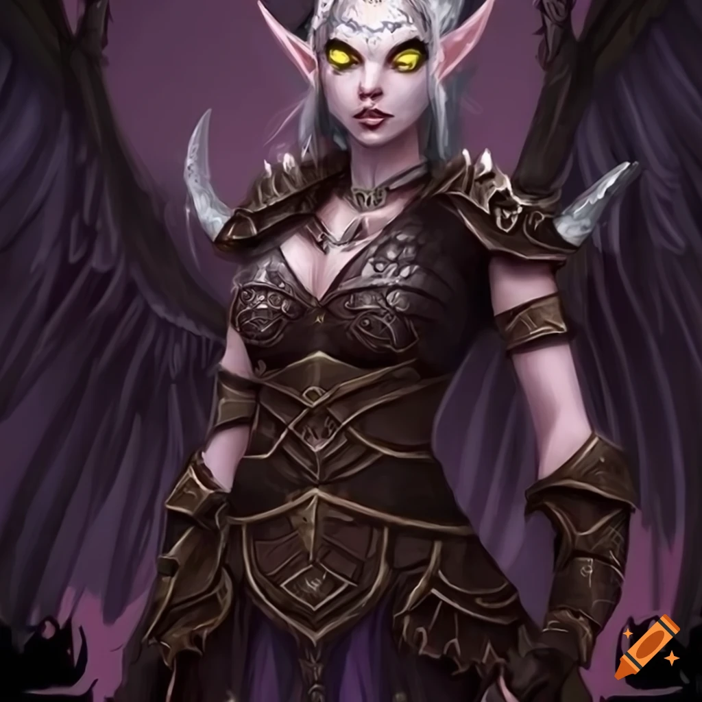 Demon warlock elf girl in heavy spiked armor with owl wings on Craiyon
