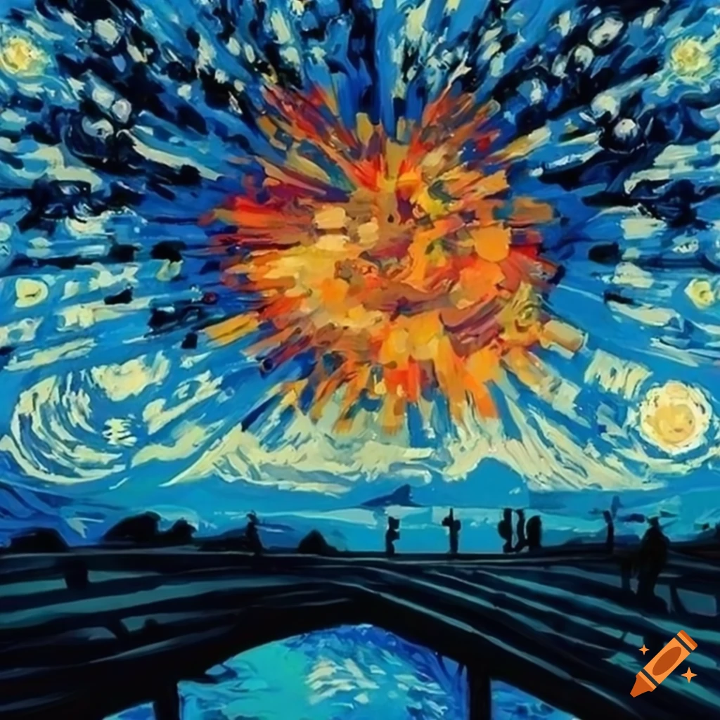 Explosion of color, bridge in silhouette over alien landscape with ...