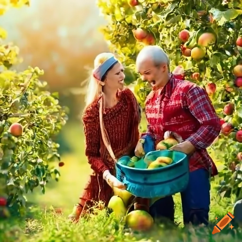A couple happily harvesting apples from an orchard on Craiyon