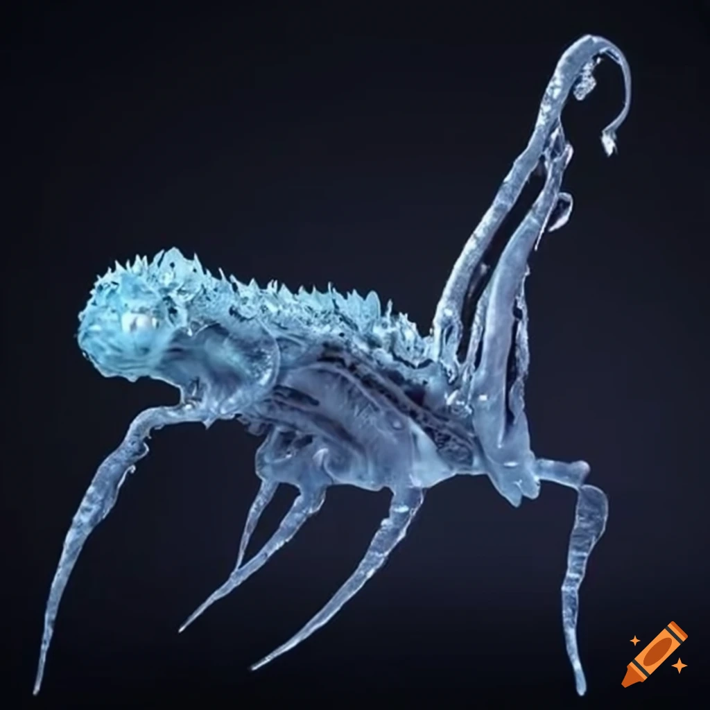A thin, lean ice insectoid monster made of thin transparent icicles on ...