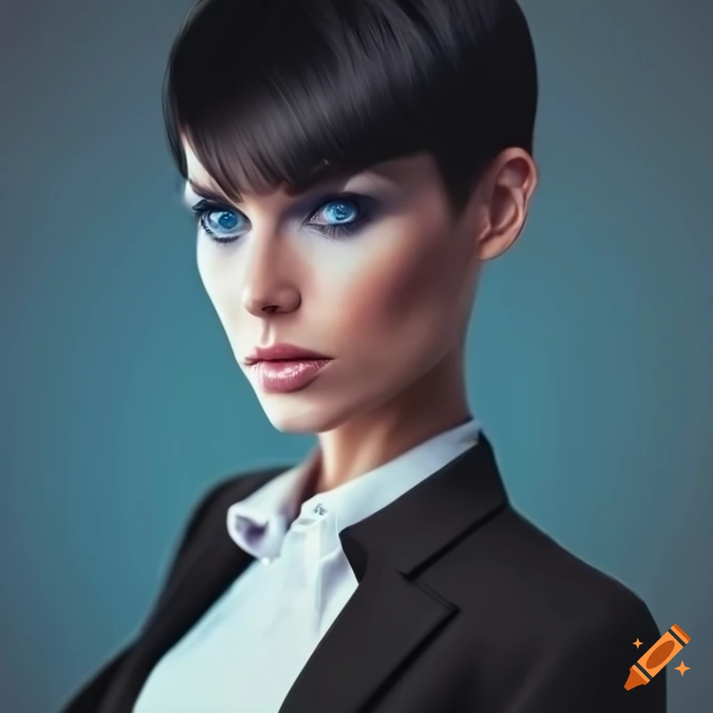 Woman with black pixie hair sharp cheekbones and in a tux and bright ...