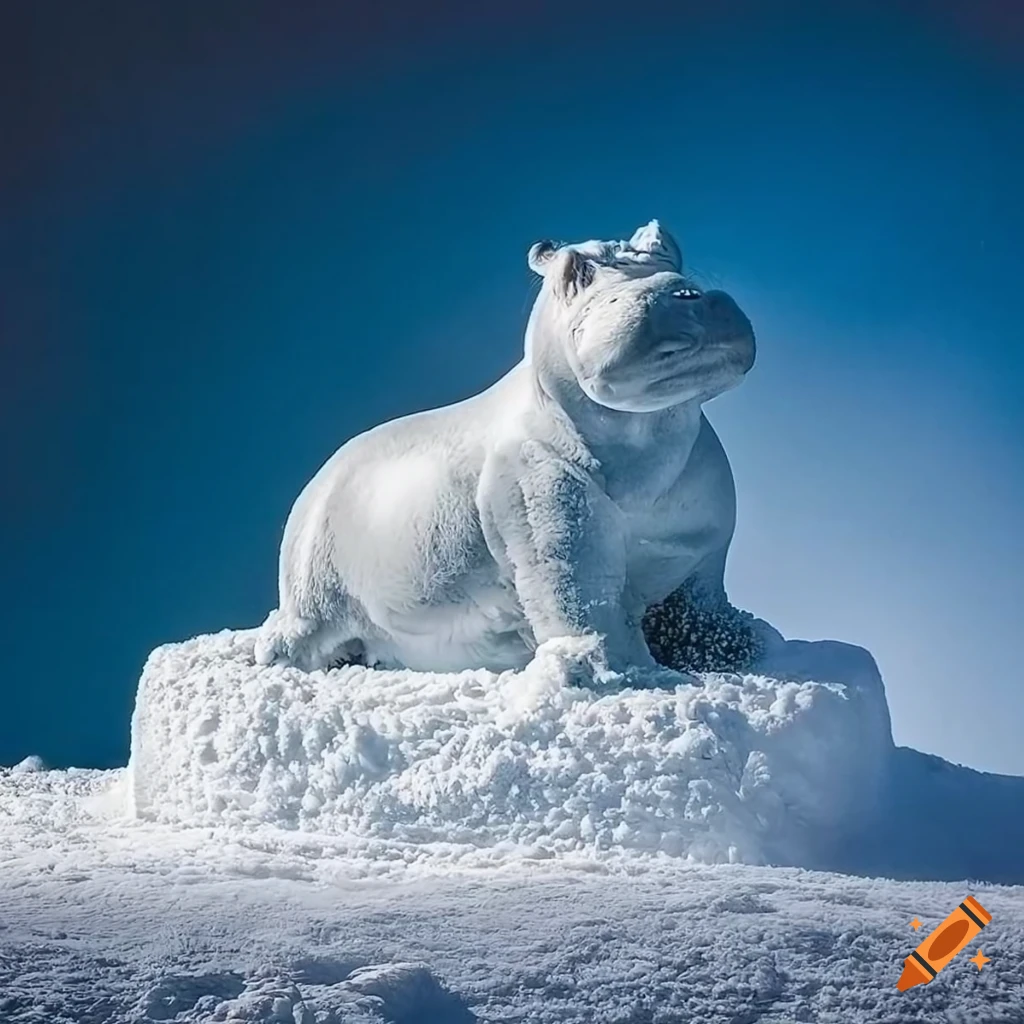A super cute snow sculpture of a hippopotamus, product photo