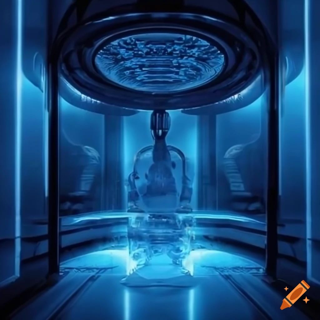 A futuristic cloning room with advanced technology and clean aesthetics