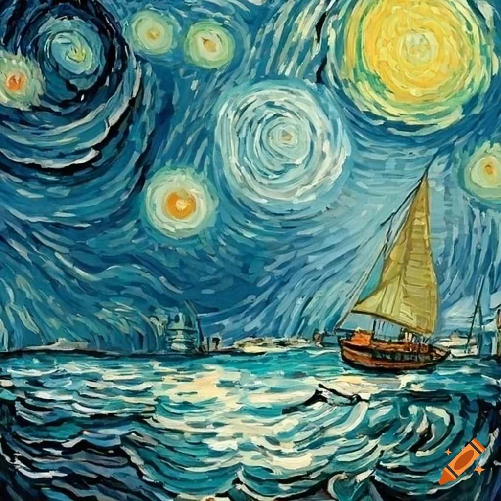 Sail boat in the thunder storming raining ocean in the style of Van ...