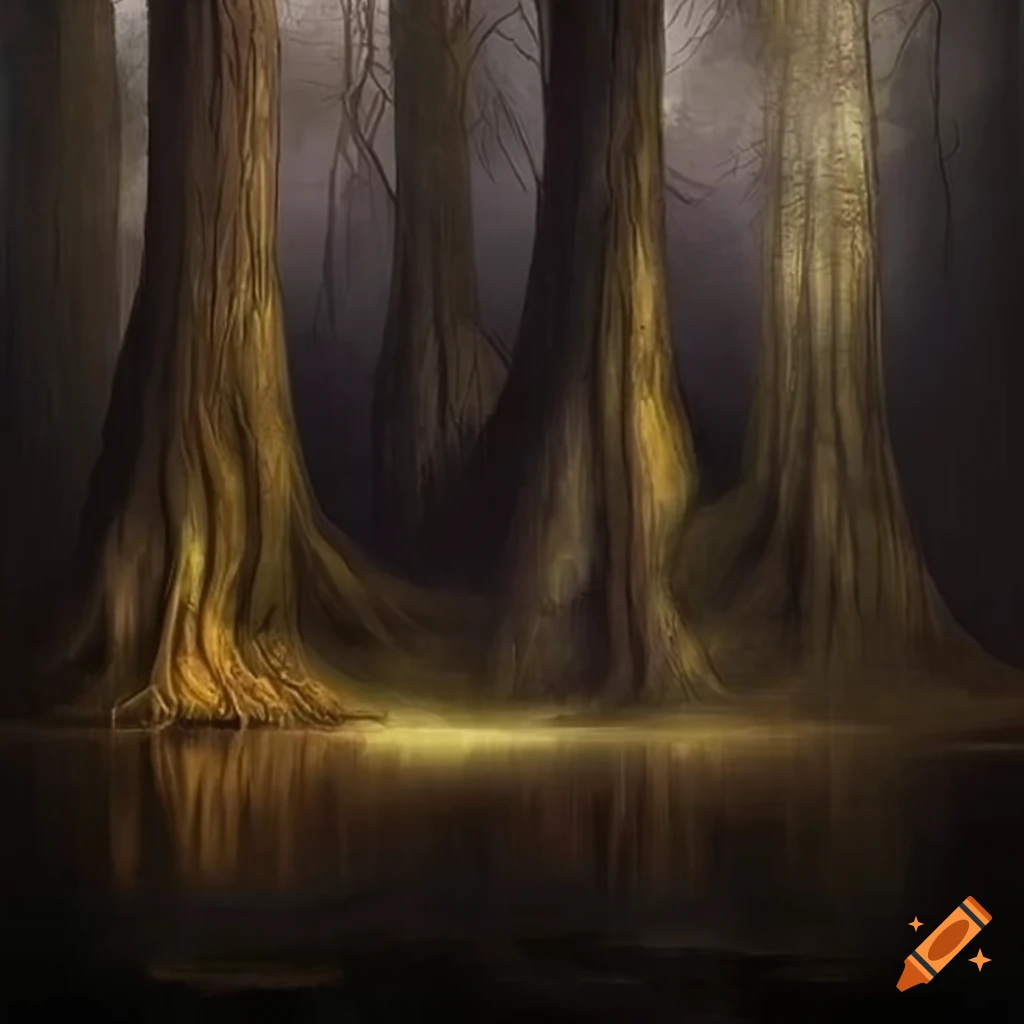 Landscape surrealist birds soft colors trees lake swamp prehistoric t ...