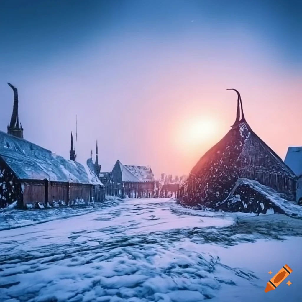 A viking city in the snow during day on Craiyon