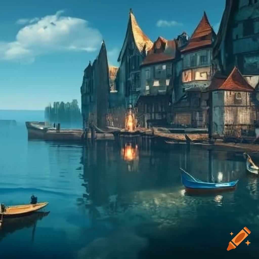 Lake, medieval harbor, town on Craiyon