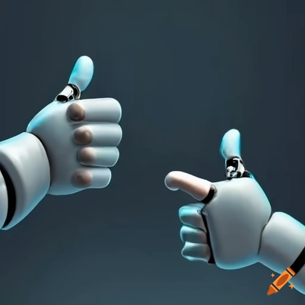 Two hands with thumbs up one from human one from roboter