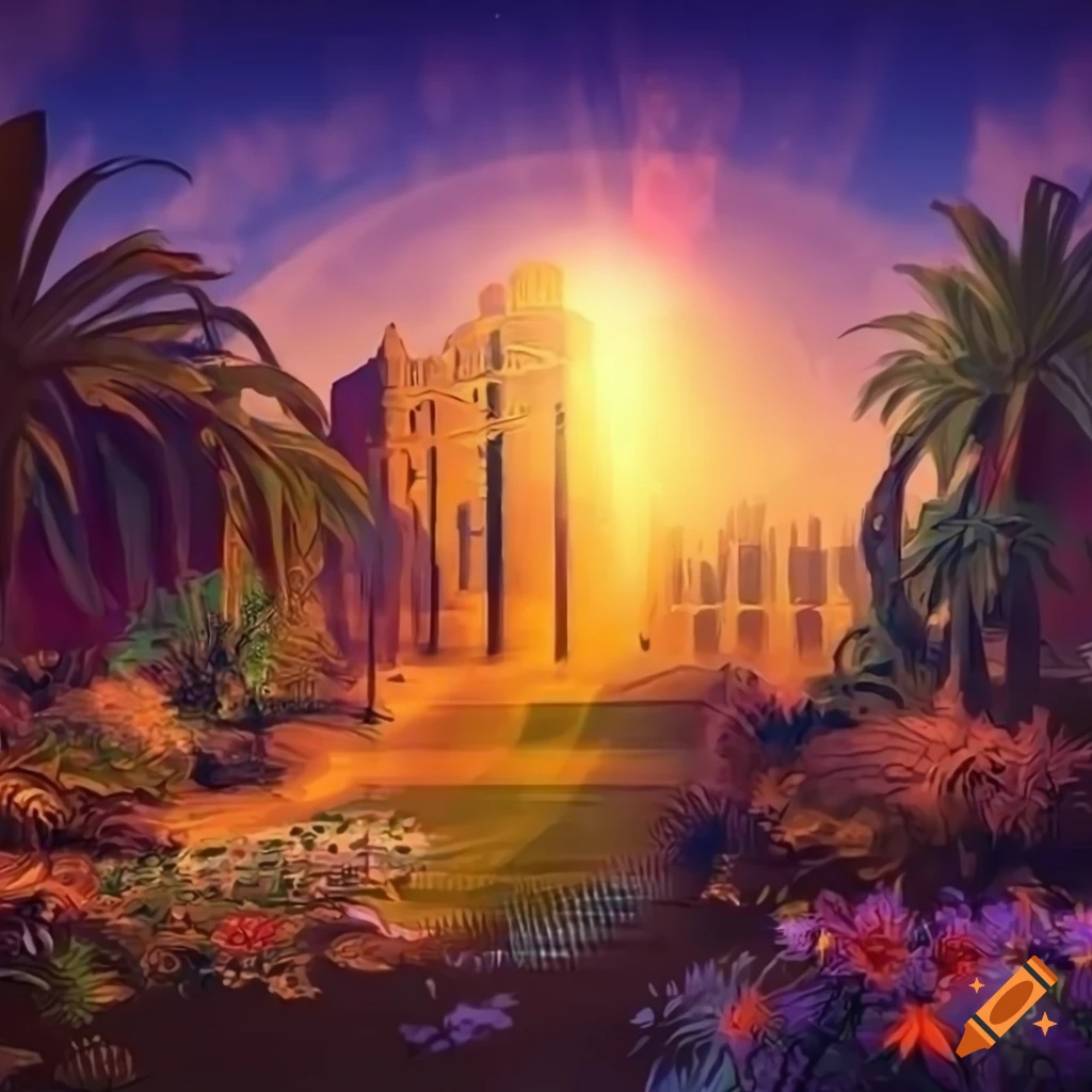 Enchanted oasis city Babylonian garden, majestic, detailed Illustration ...