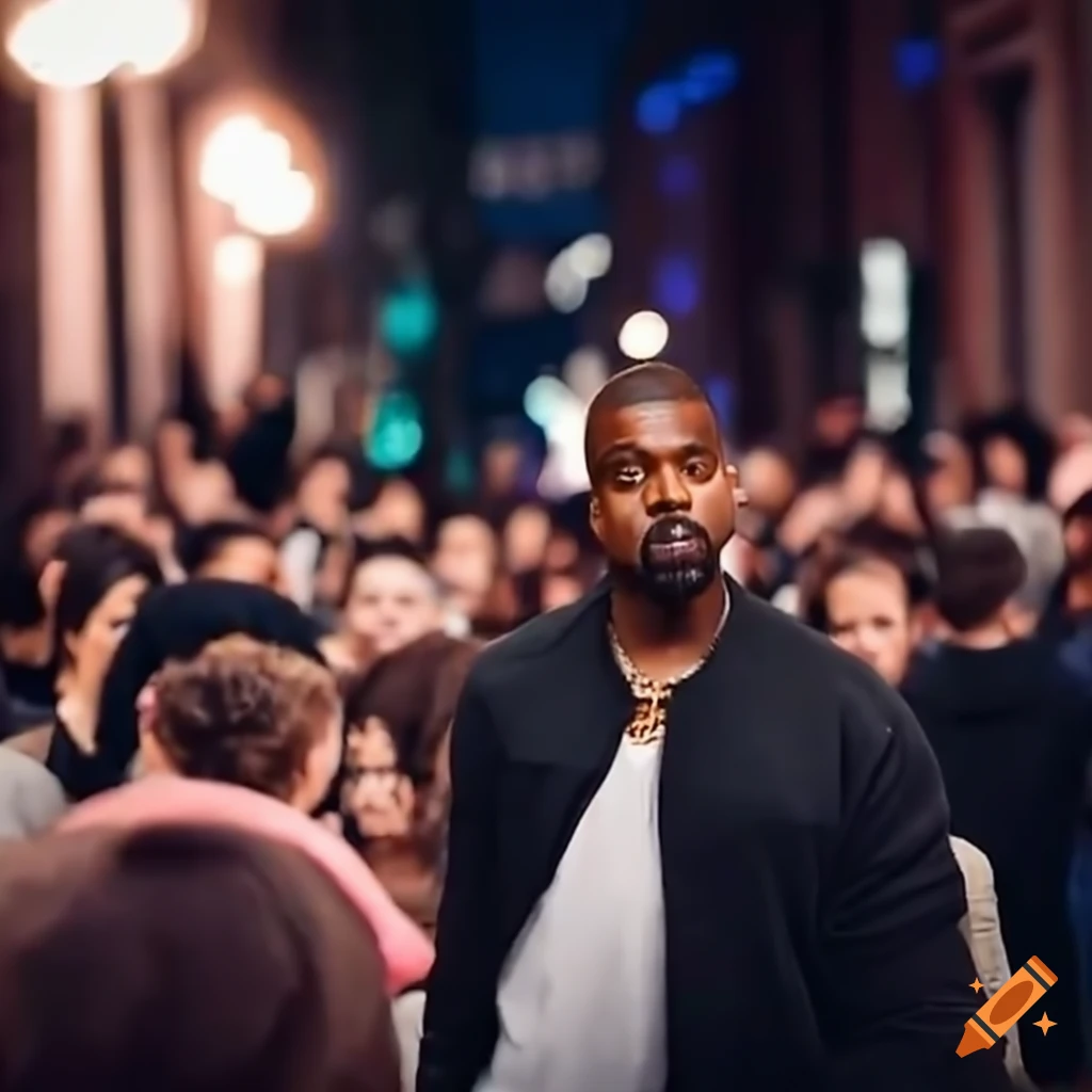 Kanye west dancing energetically in a crowded street