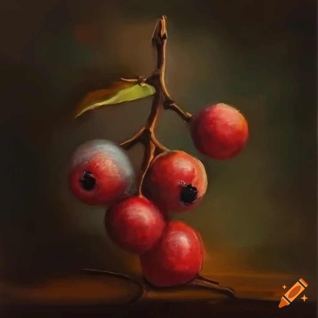 Three berries left on a branch, painting on Craiyon