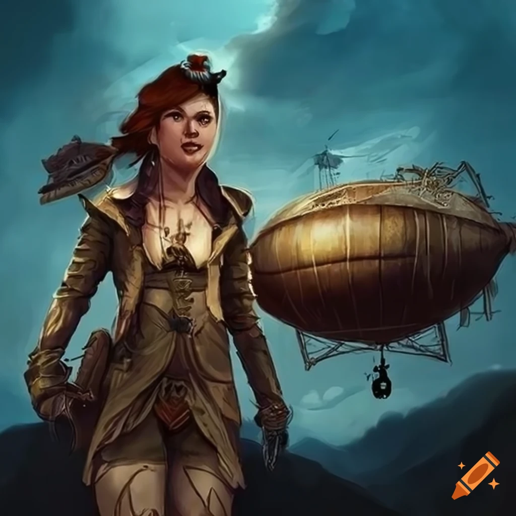 Fantasy art style, a famous female explorer drives a steampunk airship ...