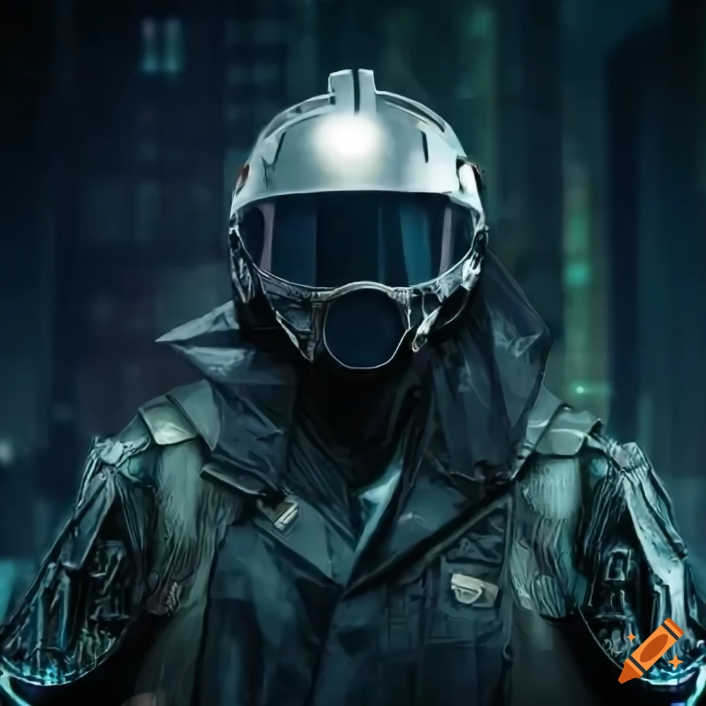 A armored police officer wearing a metallic motorcycle helmet with a ...